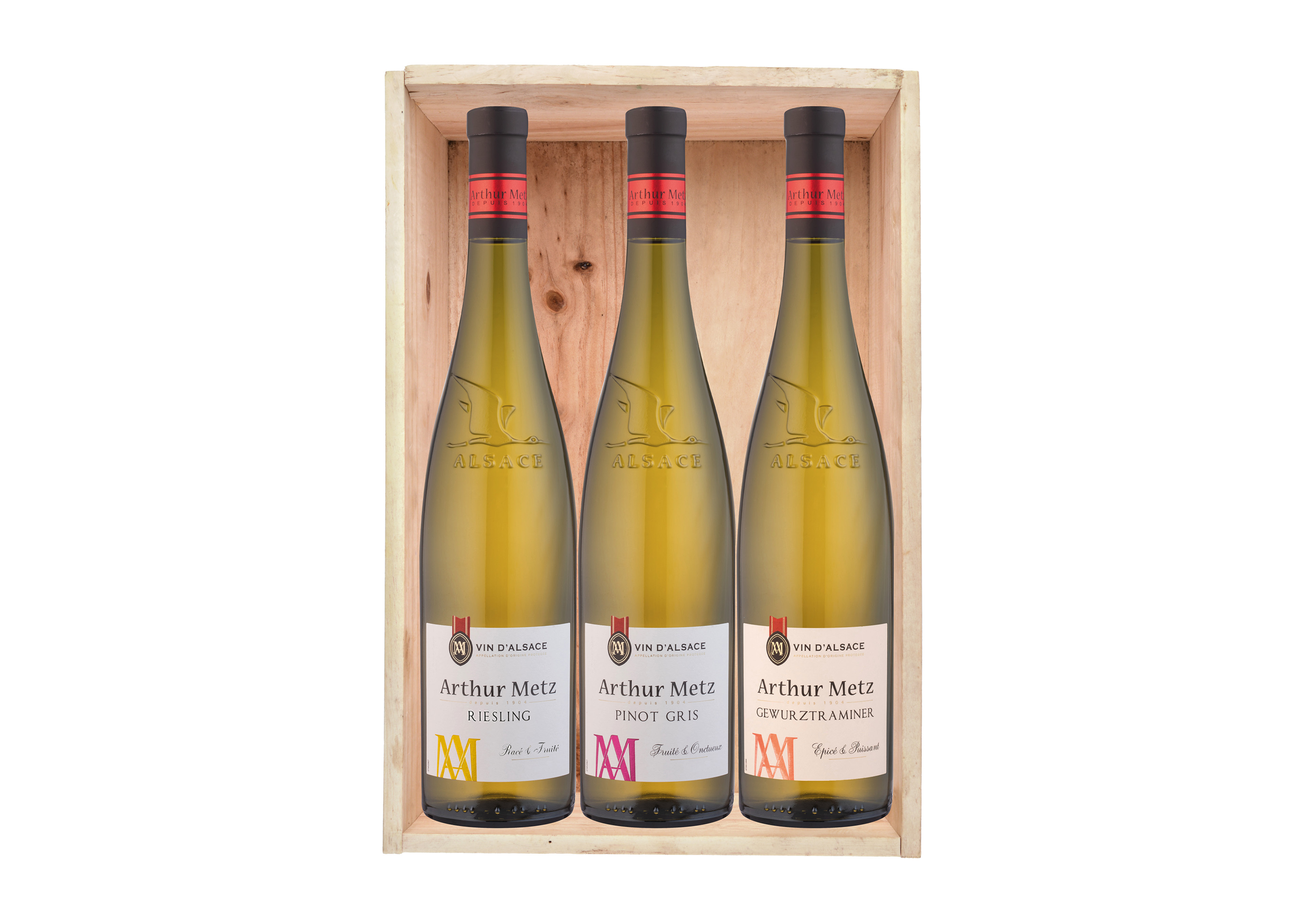 Coffret Arthur Metz avec Pinot Gris, Riesling et Gewurztraminer 3 b...